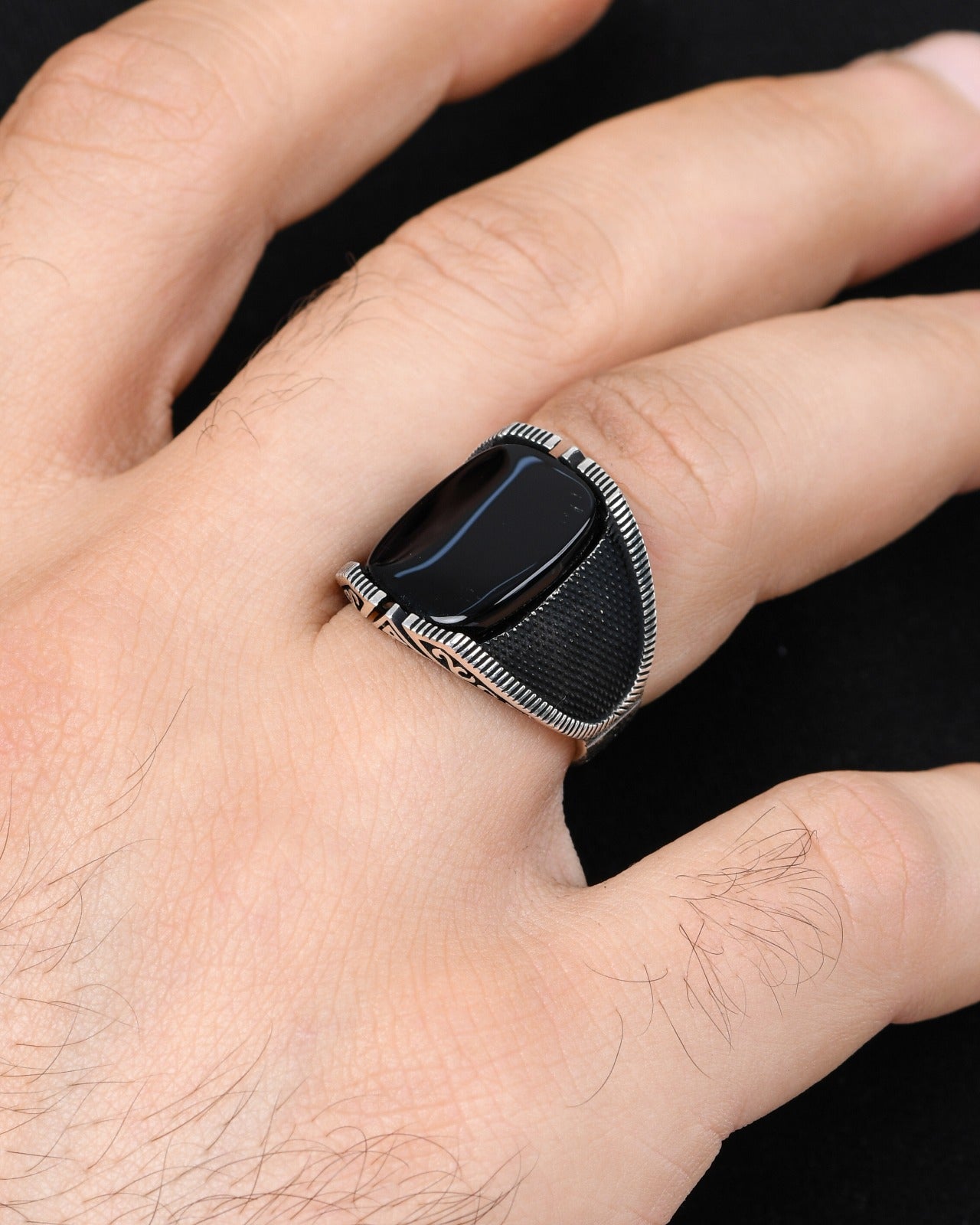 Siyah Oniks Taşlı Erkek Yüzük (PS-034) – Zirve Gümüş